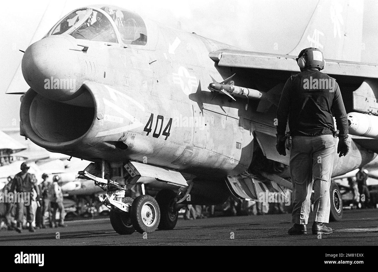 A right front view of an A-7 Corsair aircraft on the flight deck of the ...