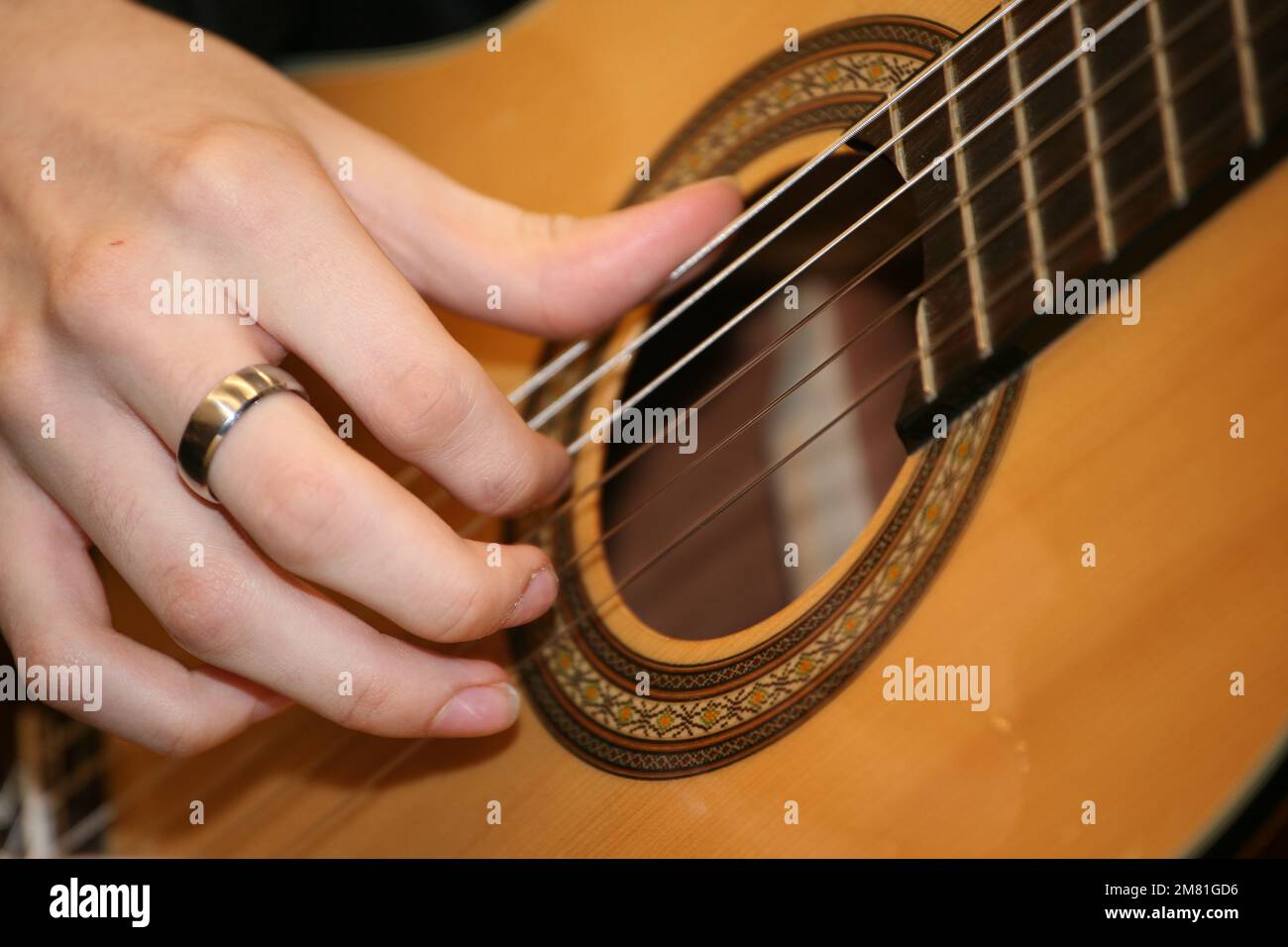 Close-up of the plucking hand of a classical guitarist playing in CoMA ...