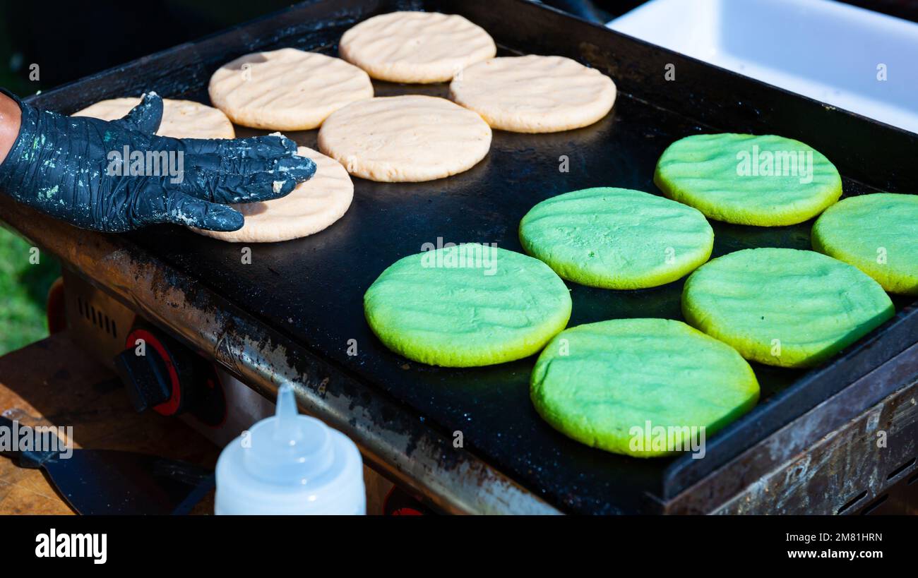 Arepas from corn meal, Venezuelan traditional fast street food Stock ...
