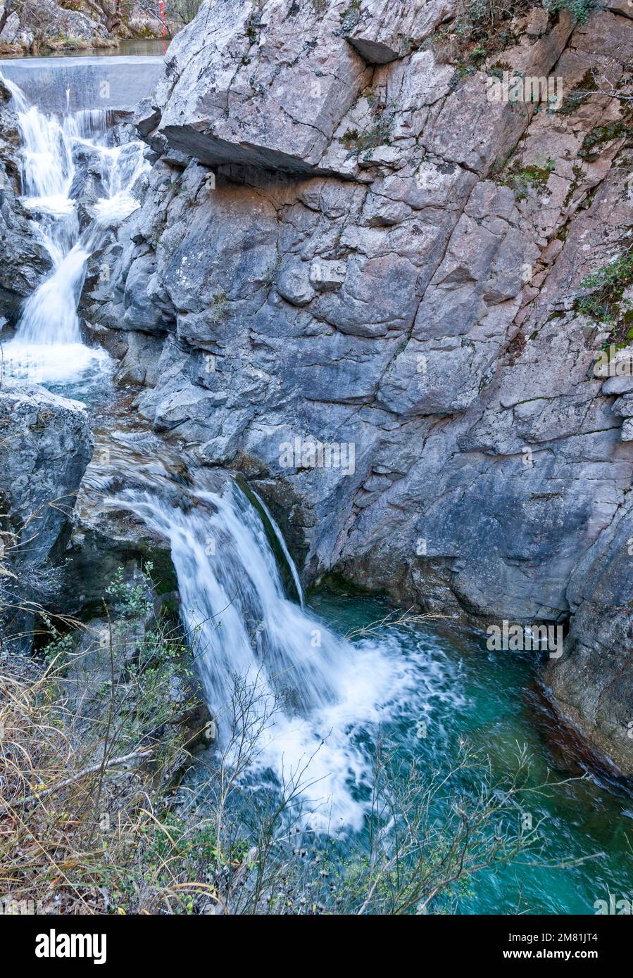 Small waterfall at the gorge of Enipeas river, at the foot of Mount ...