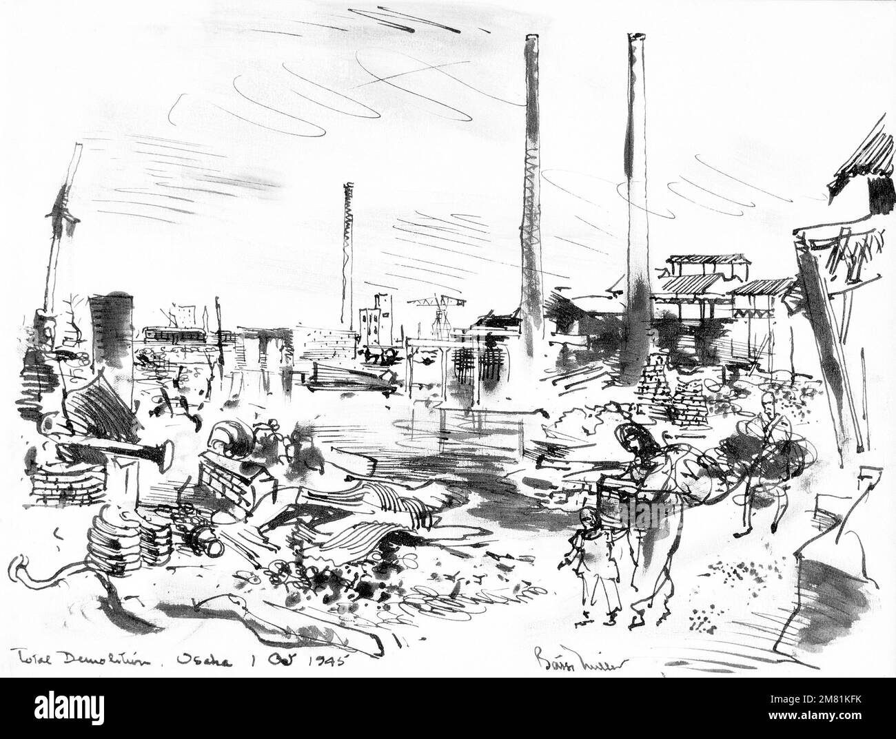 Artwork: "Total Demolition", Osaka, Japan, 1945, ink, 8" X 10-1/2 ...