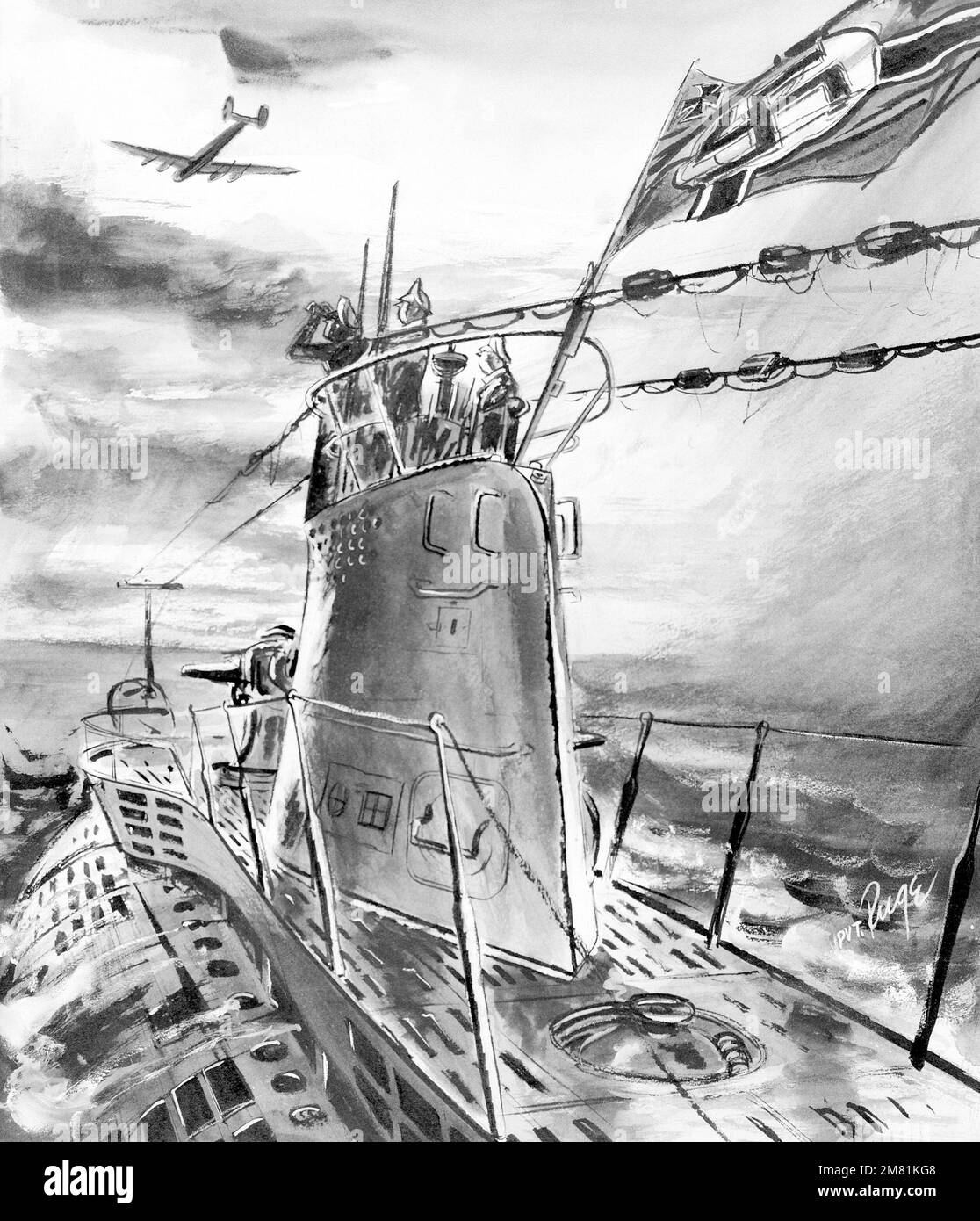 Artwork: "German Sub on Watch", ink. Artist: Private Ruge. Catalog ...