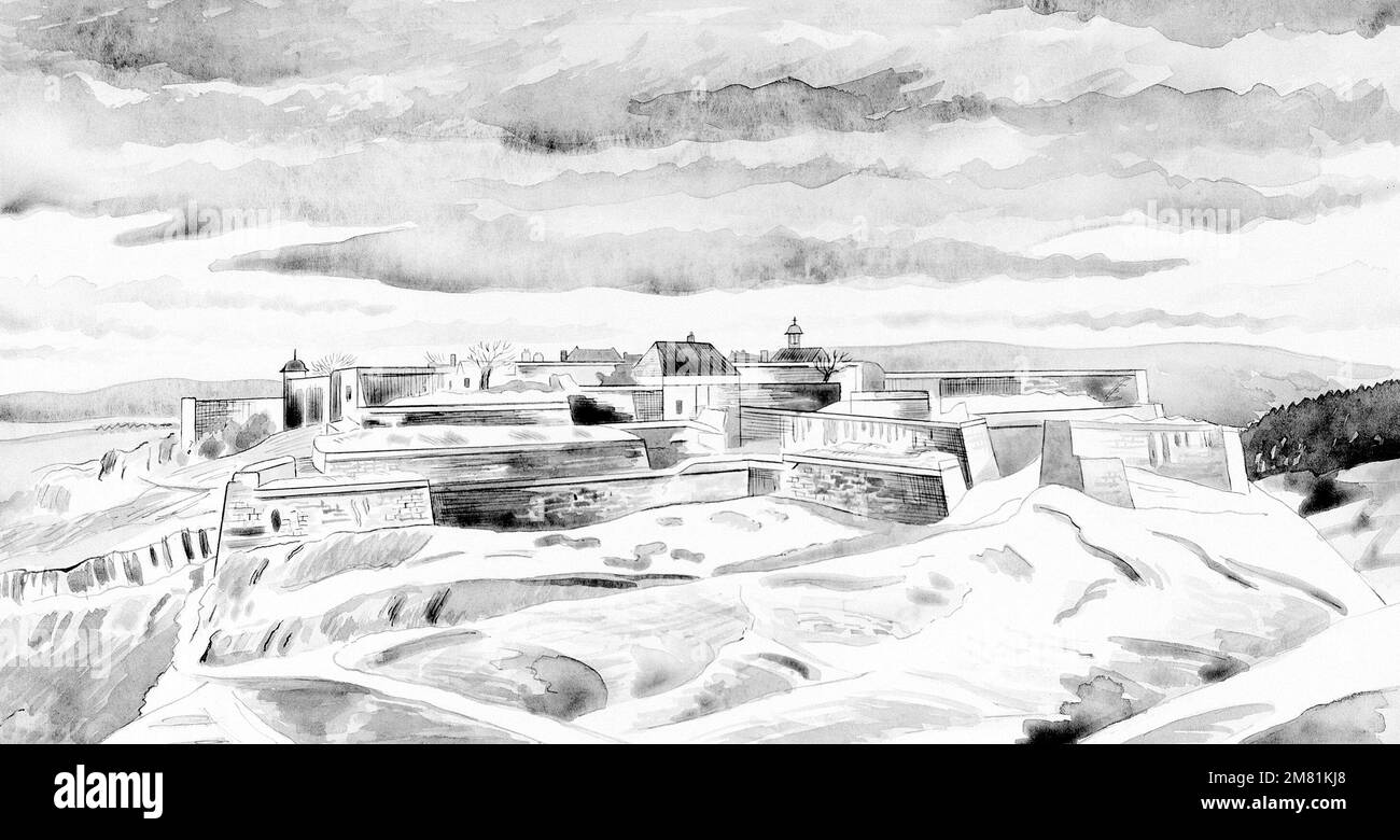 Artwork: "The Citadel at Besancon", France, 1944, ink wash, 12-1/4" X ...