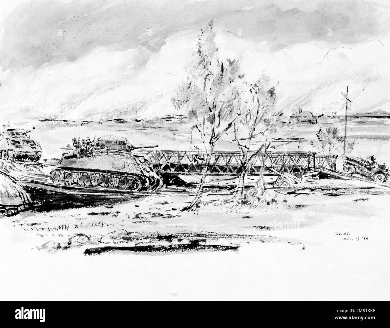 Artwork: "The Bridge Near Marienburg", Germany, 1944, ink and wash, 9 ...