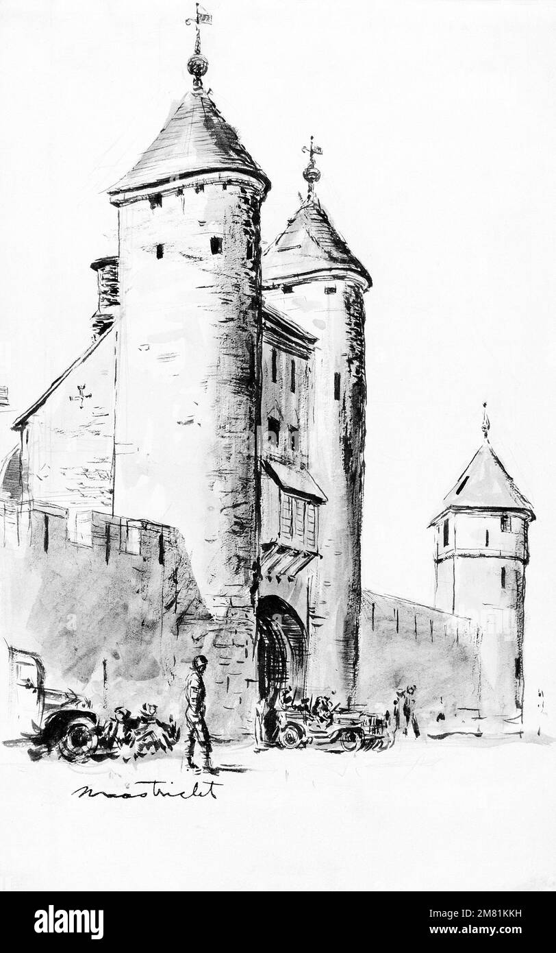 Artwork: "Maastricht", Holland, 1944, ink and wash, 9-1/4" X 5-7/8 ...