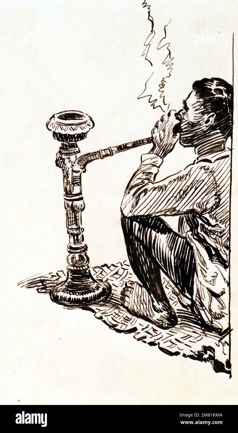 Artwork: "Native With a Pipe", ink on paper, 6-1/4"x 3-7/8". Artist ...