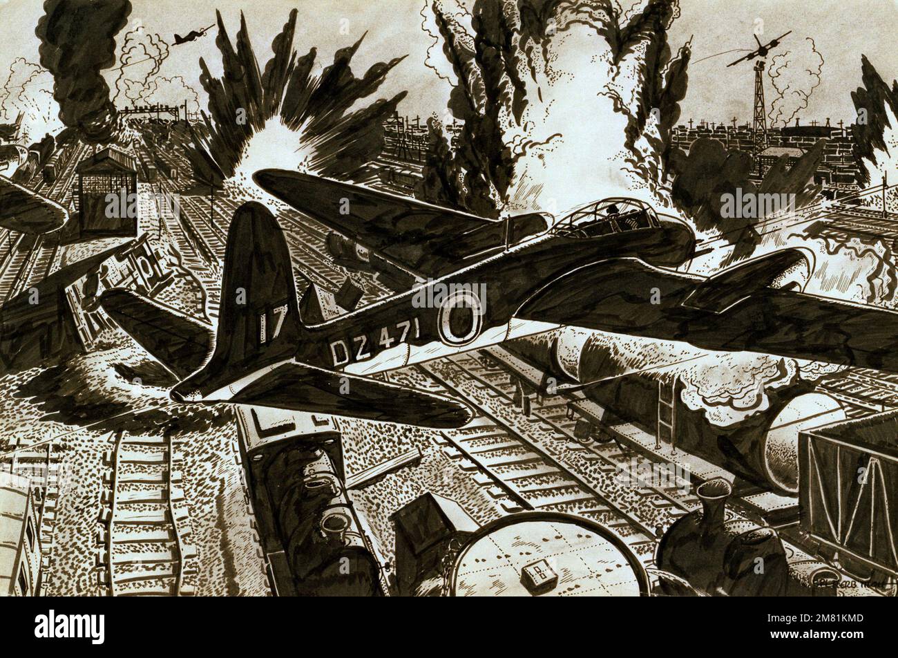 Artwork: "British Mosquito Fighters Attack Rail Lines in France", ink ...