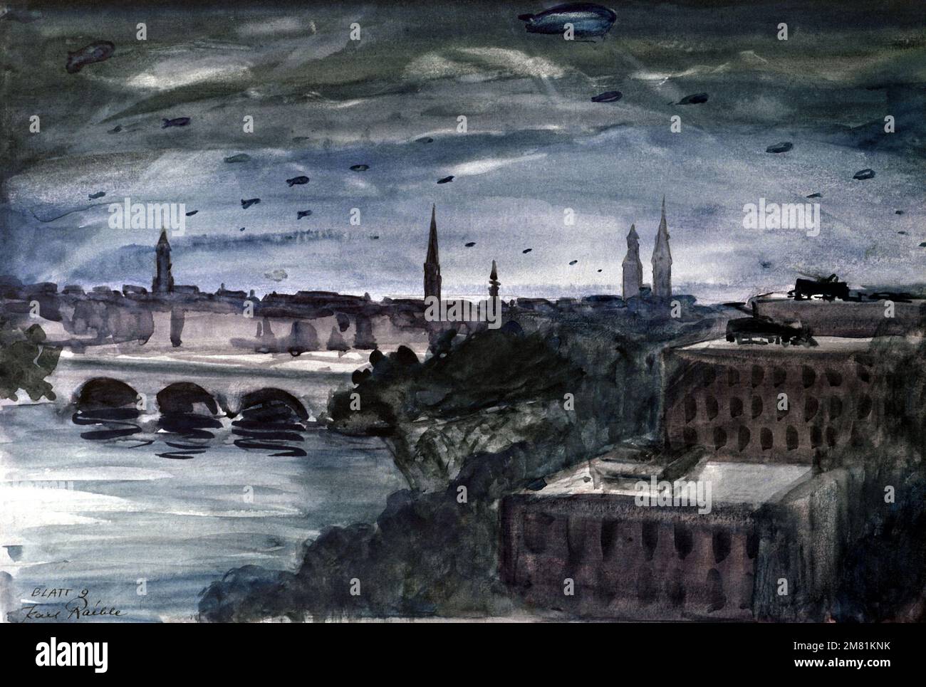Artwork: "Night Air Raid At Lombards Bridge," Hamburg, Germany, 1943 ...