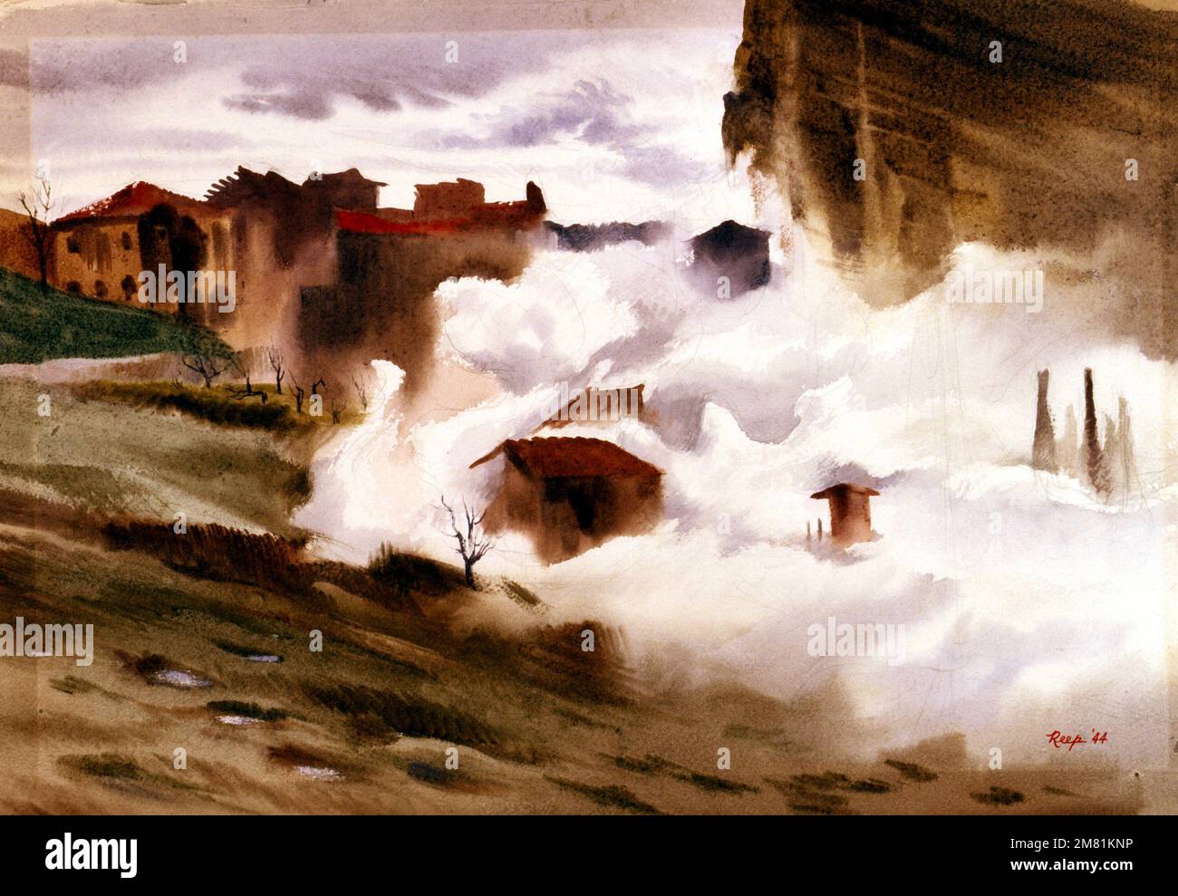 Artwork: "Smoke Screen at Livergnano", Italy, 1944, watercolor, 15" x ...