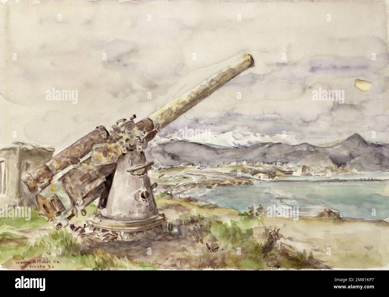 Artwork: "Anti-aircraft Gun on Crete Coast," 1943. Artist: Walter ...