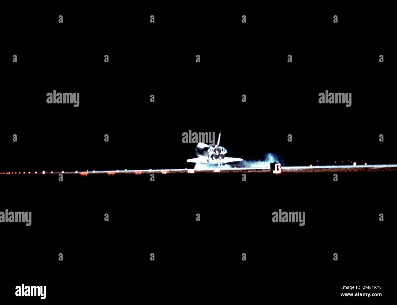 The space shuttle orbiter Challenger (STS-8) makes the first nighttime ...