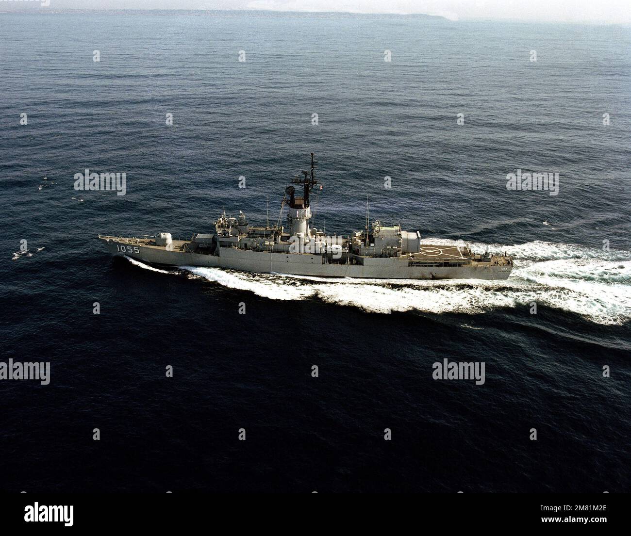 Aerial port beam view of the frigate USS HEPBURN (FF 1055) underway ...
