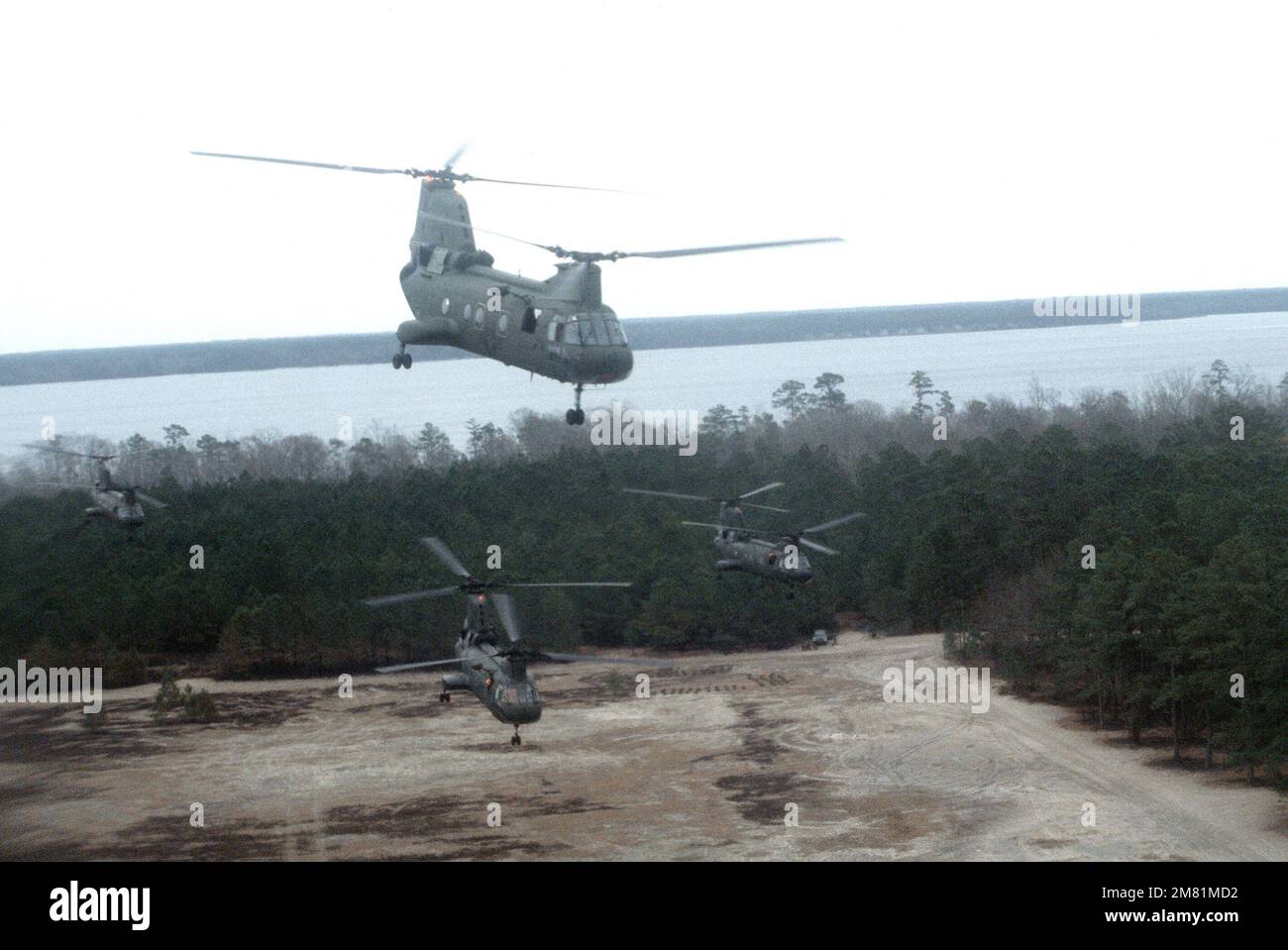 A right front view of three CH-46 Sea Knight helicopters from the ...