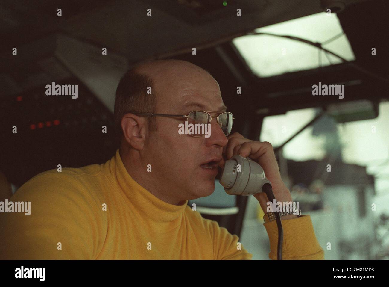 The Air Boss inside the control tower of the aircraft carrier USS ...