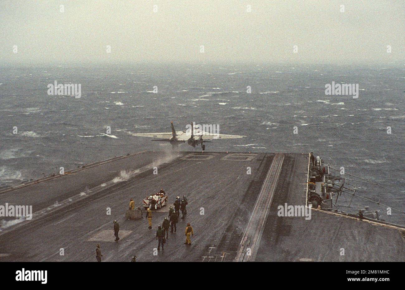 A rear view of an F-14 Tomcat aircraft as it takes off from the ...