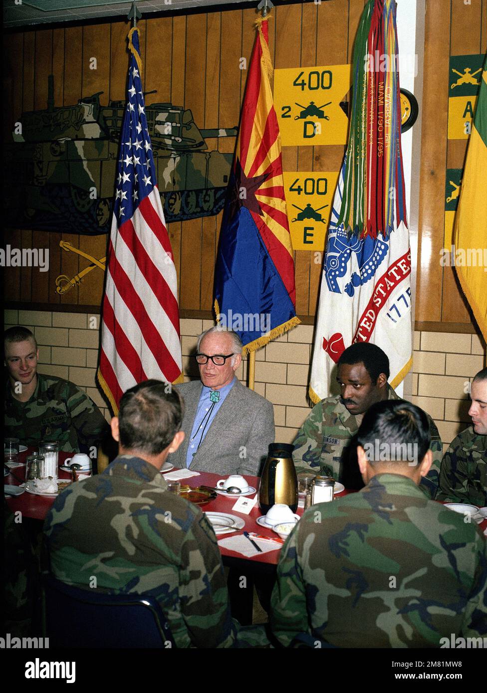 Retired US Senator Barry M. Goldwater shares a meal with a group of ...