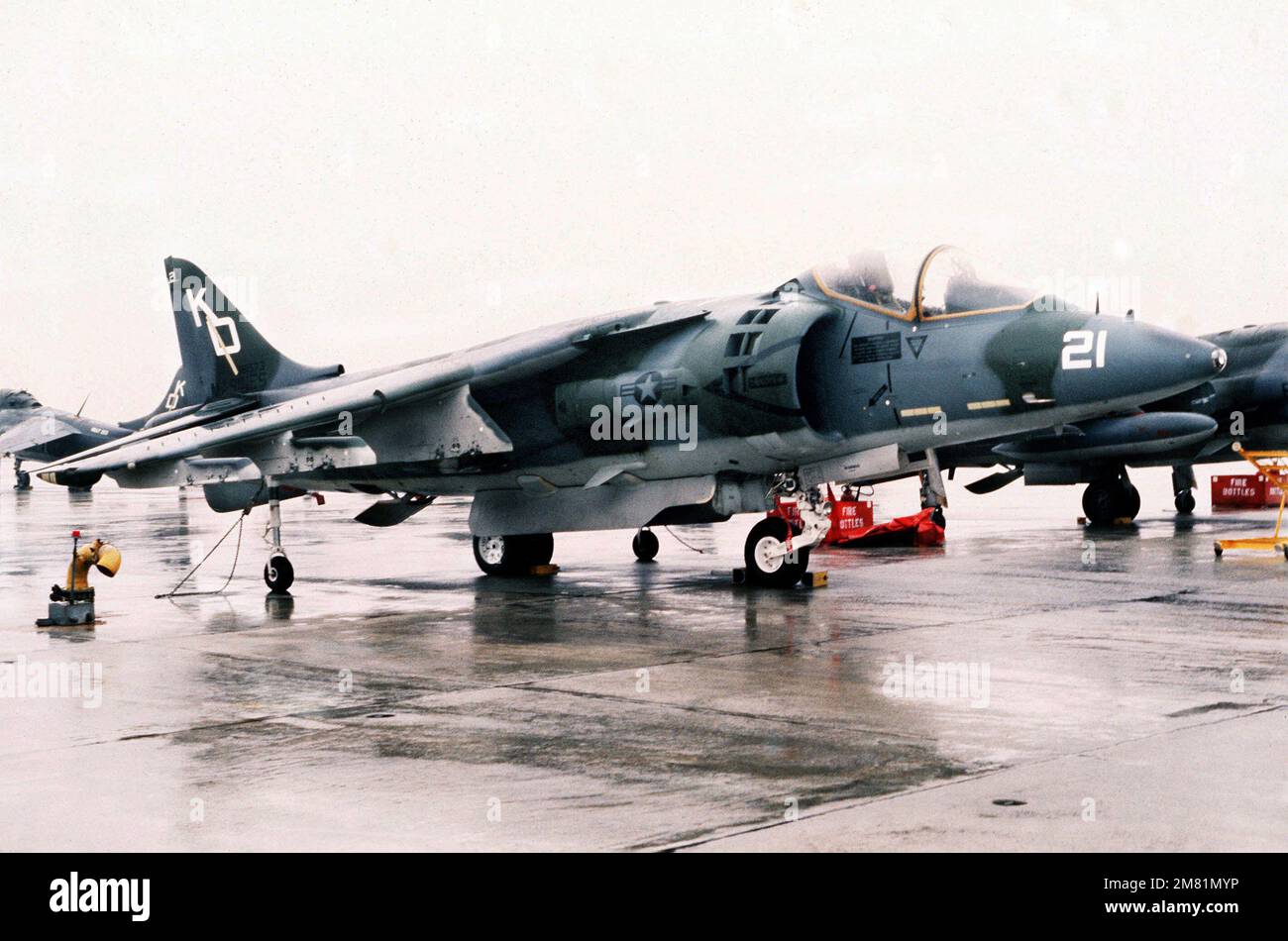 A right front view of an AV-8B Harrier aircraft from the Marine Light ...