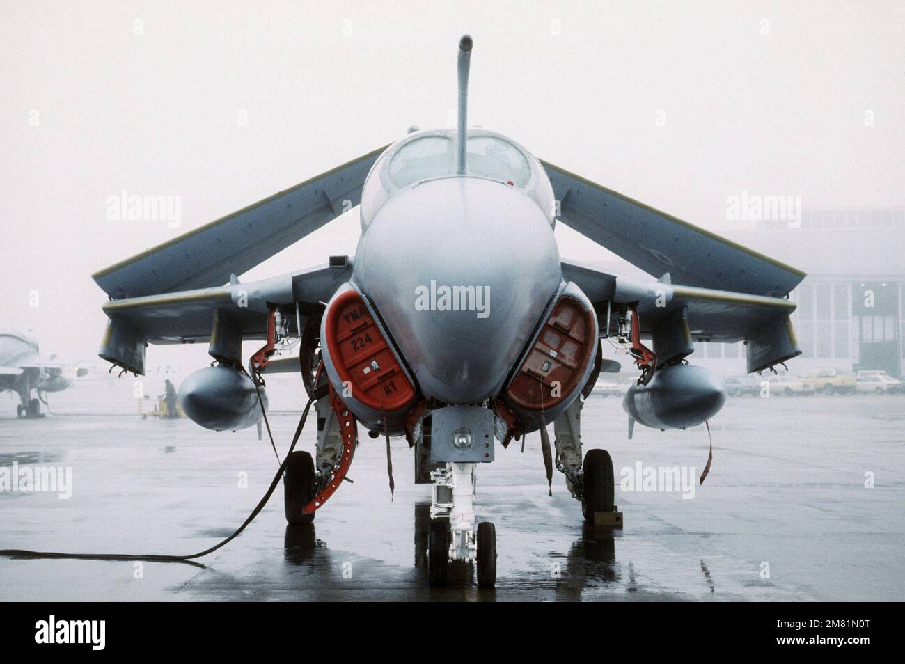 A front view of an A-6 Intruder aircraft (wings folded) from the Marine ...