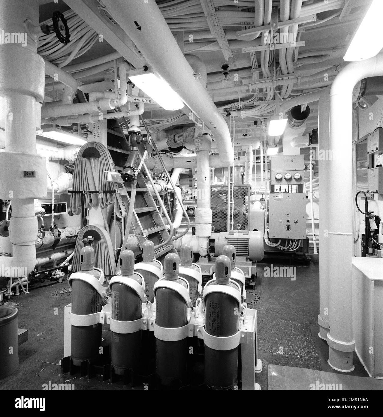 An interior view of the machinery room on the guided missile frigate ...