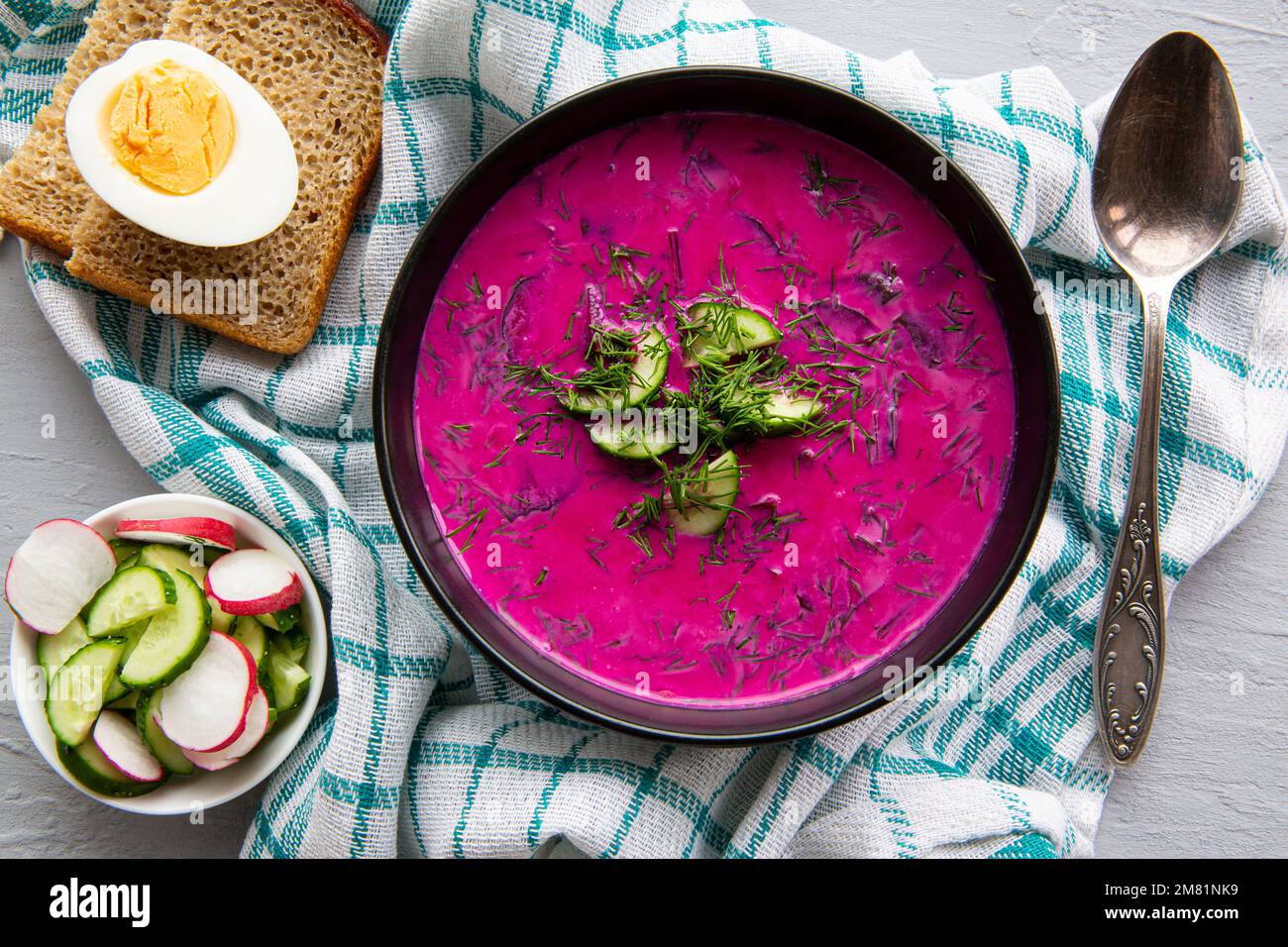Lithuanian soup chlodnik with cucumbers, radish and egg. Tasty healthy ...