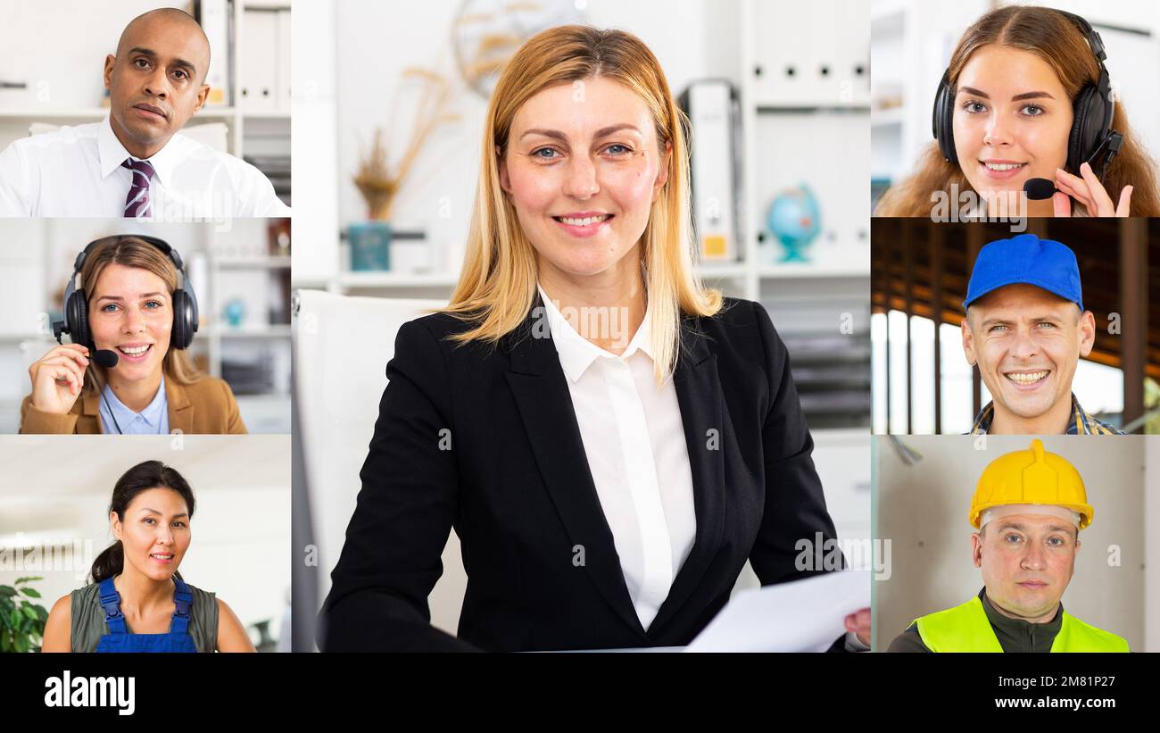 Collage of portraits of business people in various business situations ...