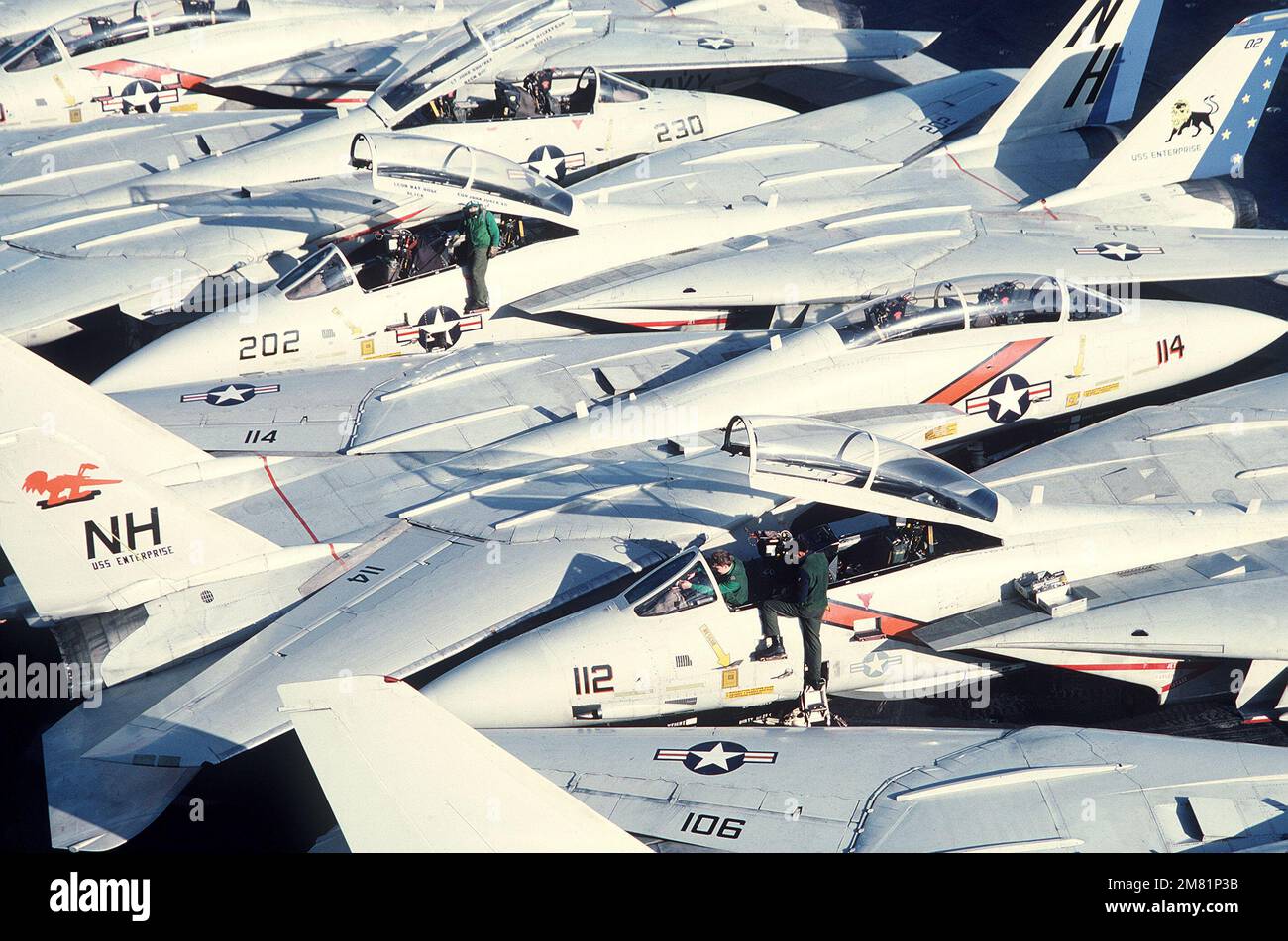 F-14A Tomcat aircraft parked on the flight deck of the aircraft carrier ...