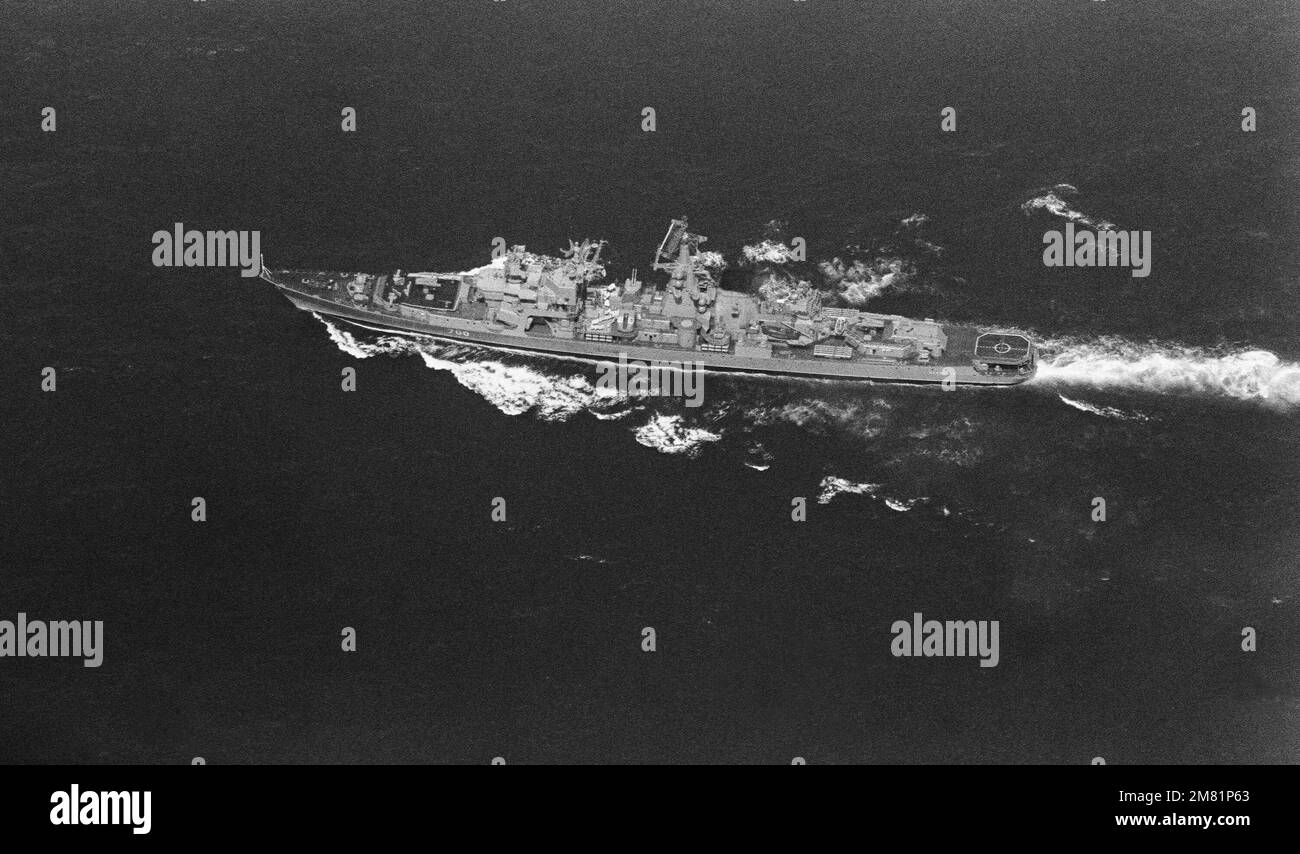 An aerial port beam view of the Soviet Kara-class guided missile ...
