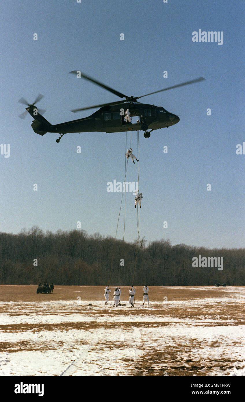 Members of the 4/187th Infantry Battalion rappel from a hovering UH-60 ...