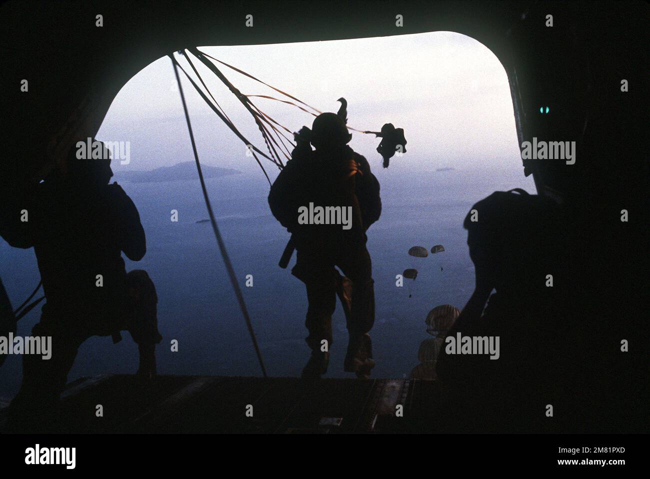 Panama Defense Force soldiers are air-dropped from a CH-47 Chinook ...