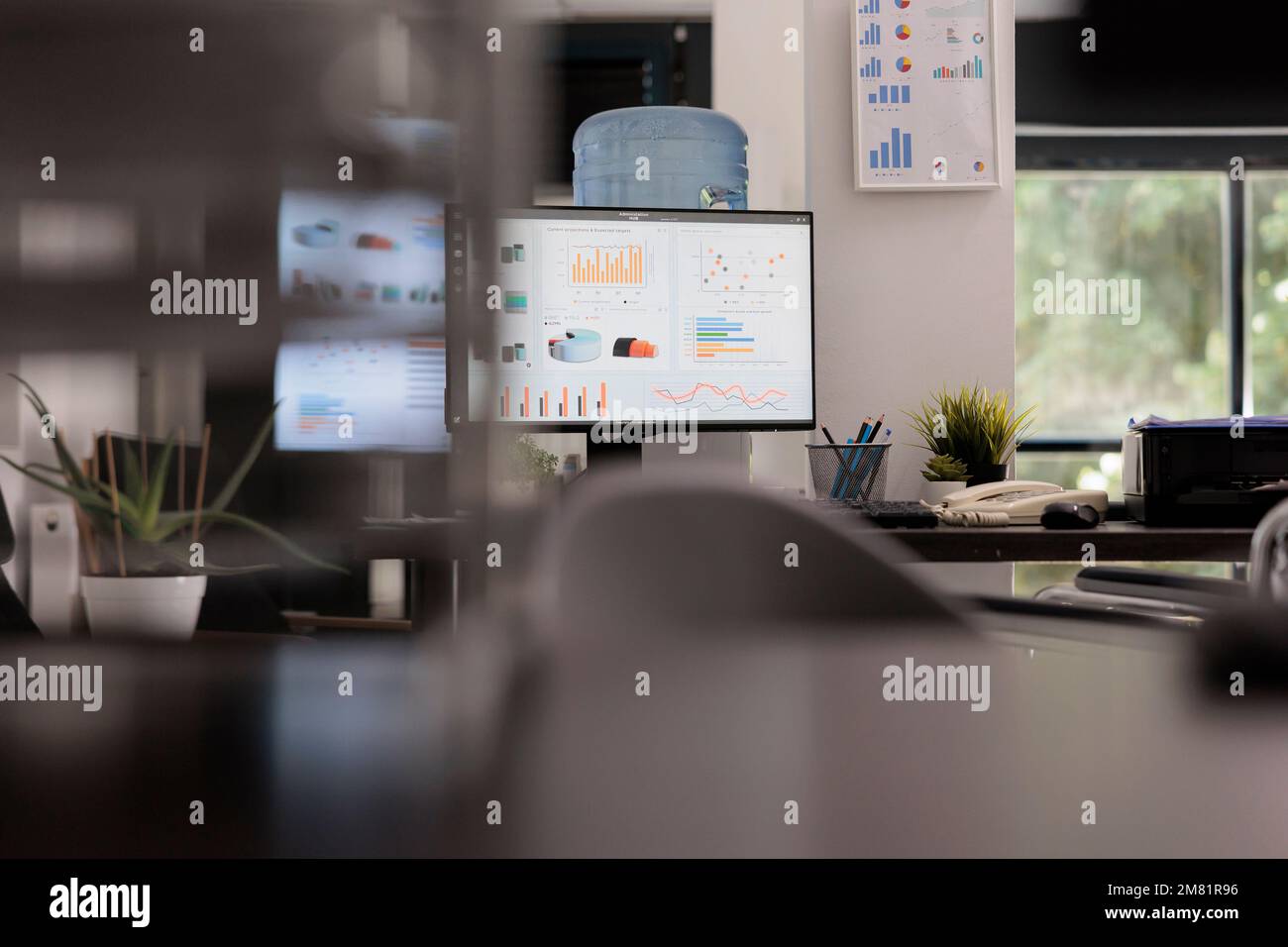 Empty startup office with desktop computer showing corporate software ...