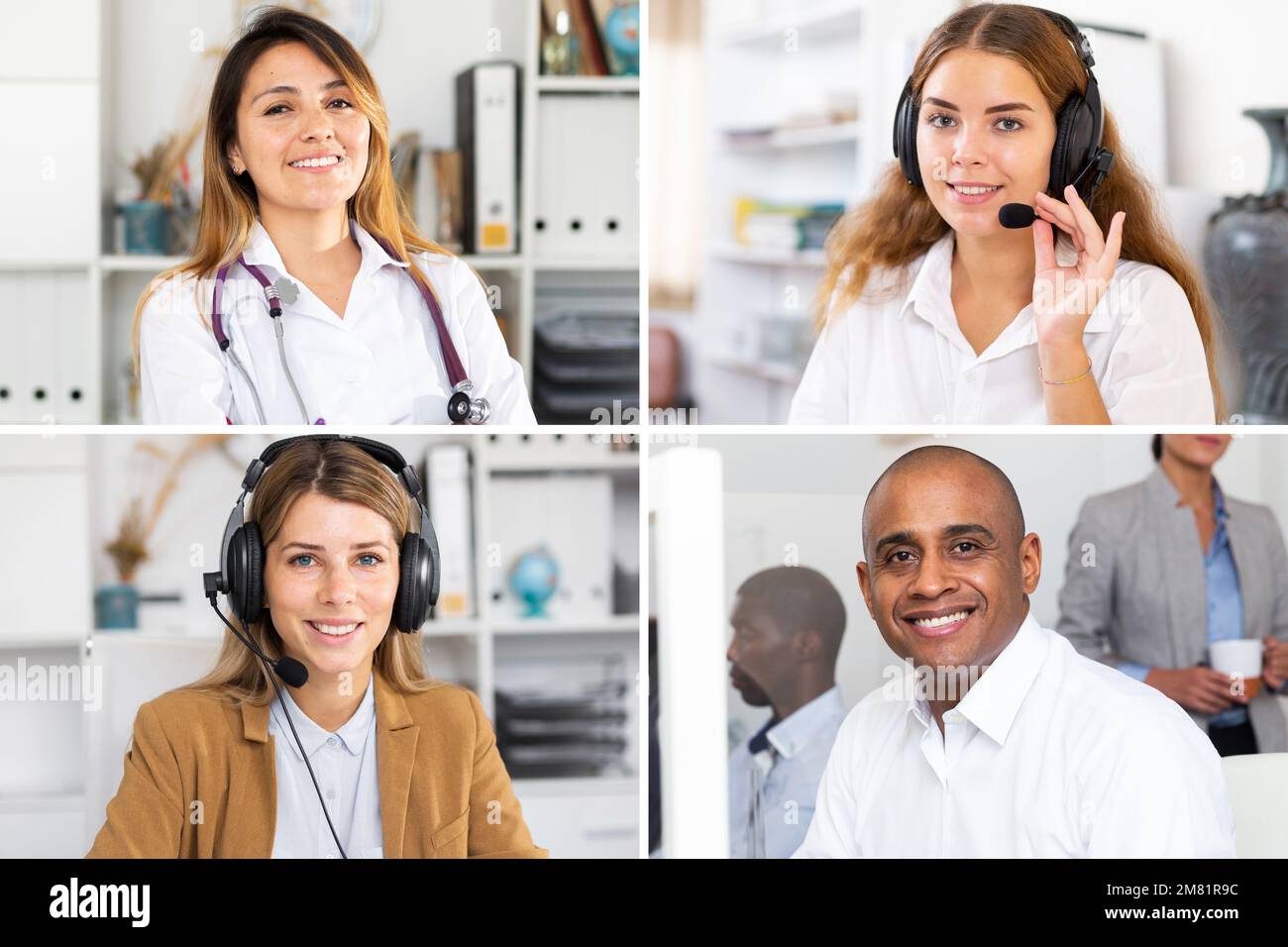 Collage of portraits of business people in various business situations ...