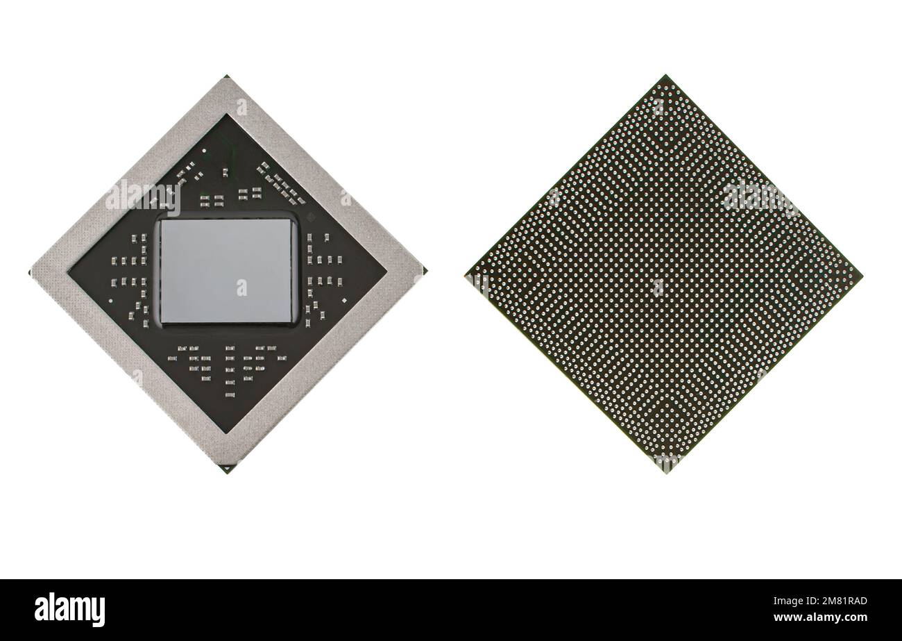 microcircuit, video chip for a laptop, view from two sides, on a white ...