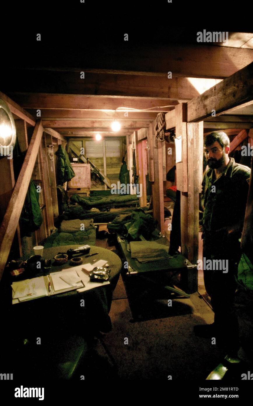A Navy Seabee stands inside the Seabee bunker at Beirut International ...