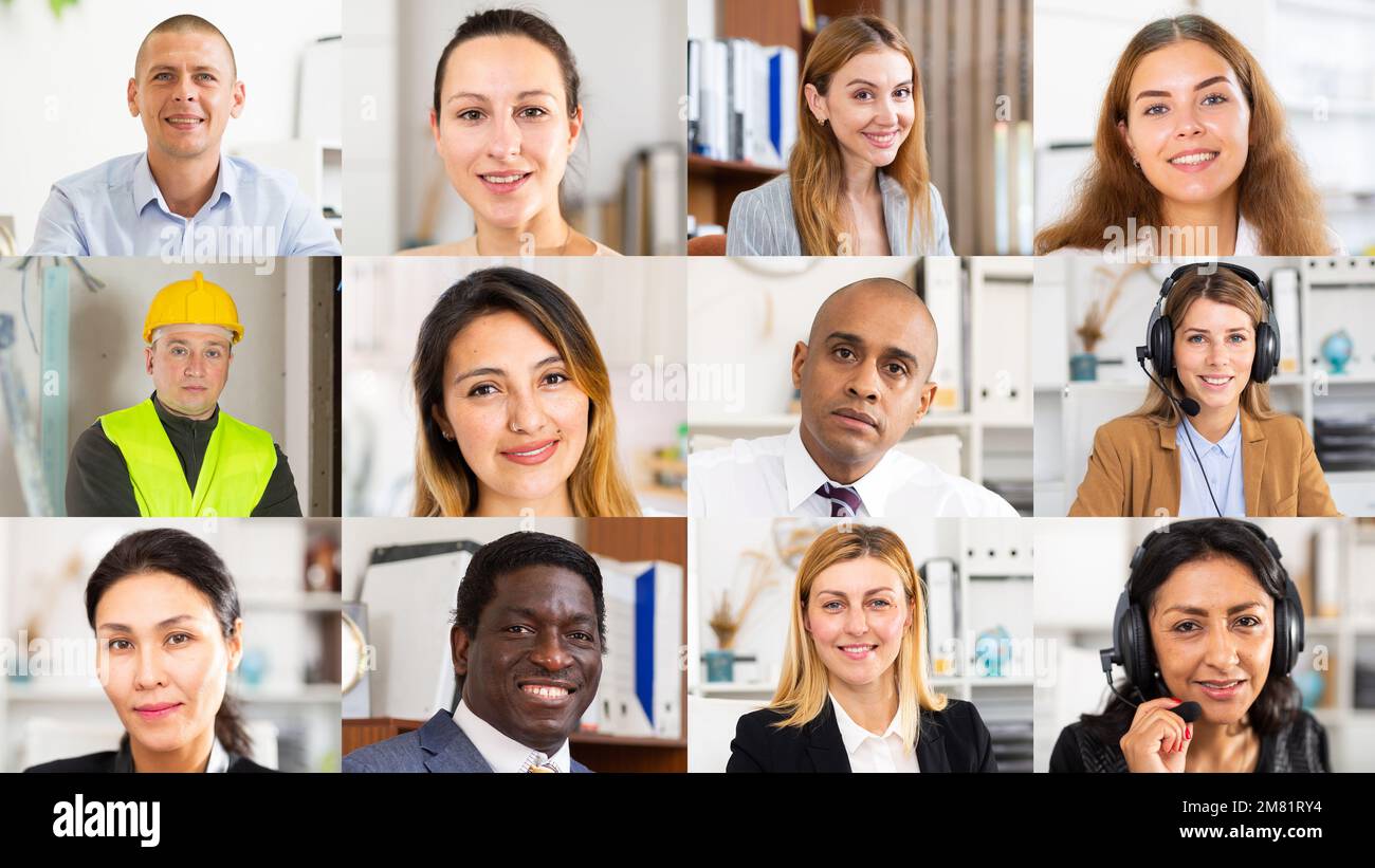 Collage of portraits of mixed age group of focused business ...