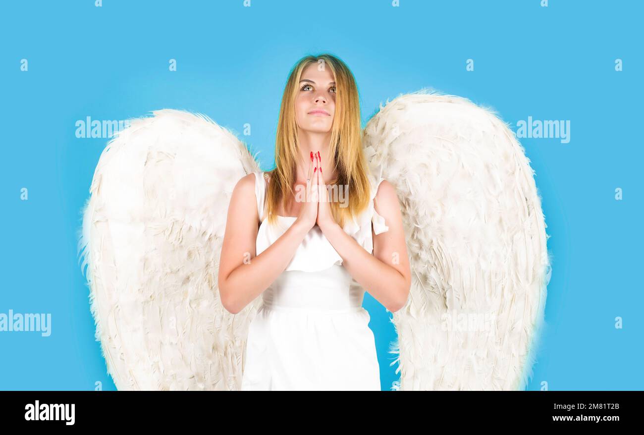 Valentines day cupid. Angel woman praying. Valentine Girl with white ...