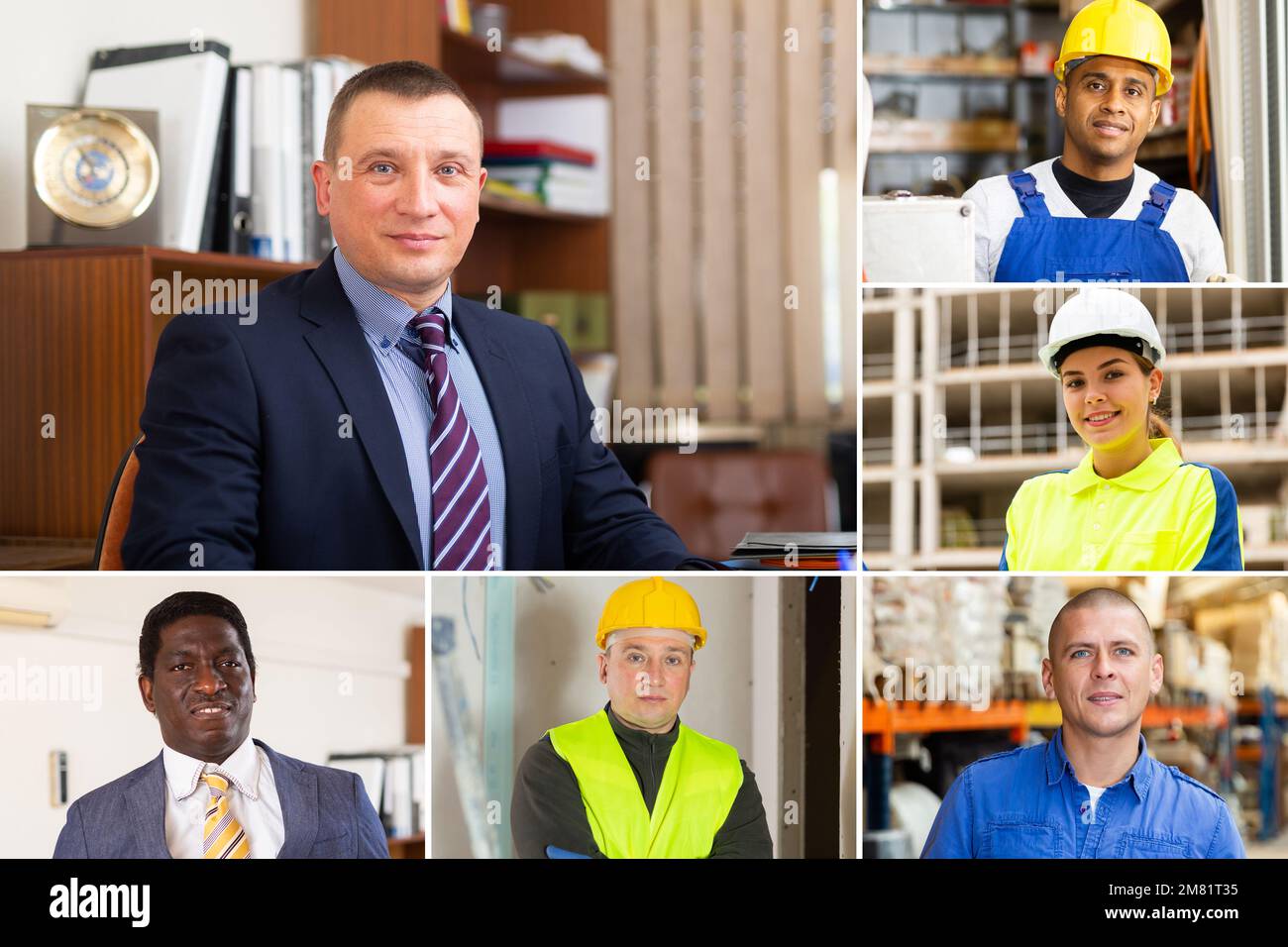 Collage of portraits of business people in various business situations ...