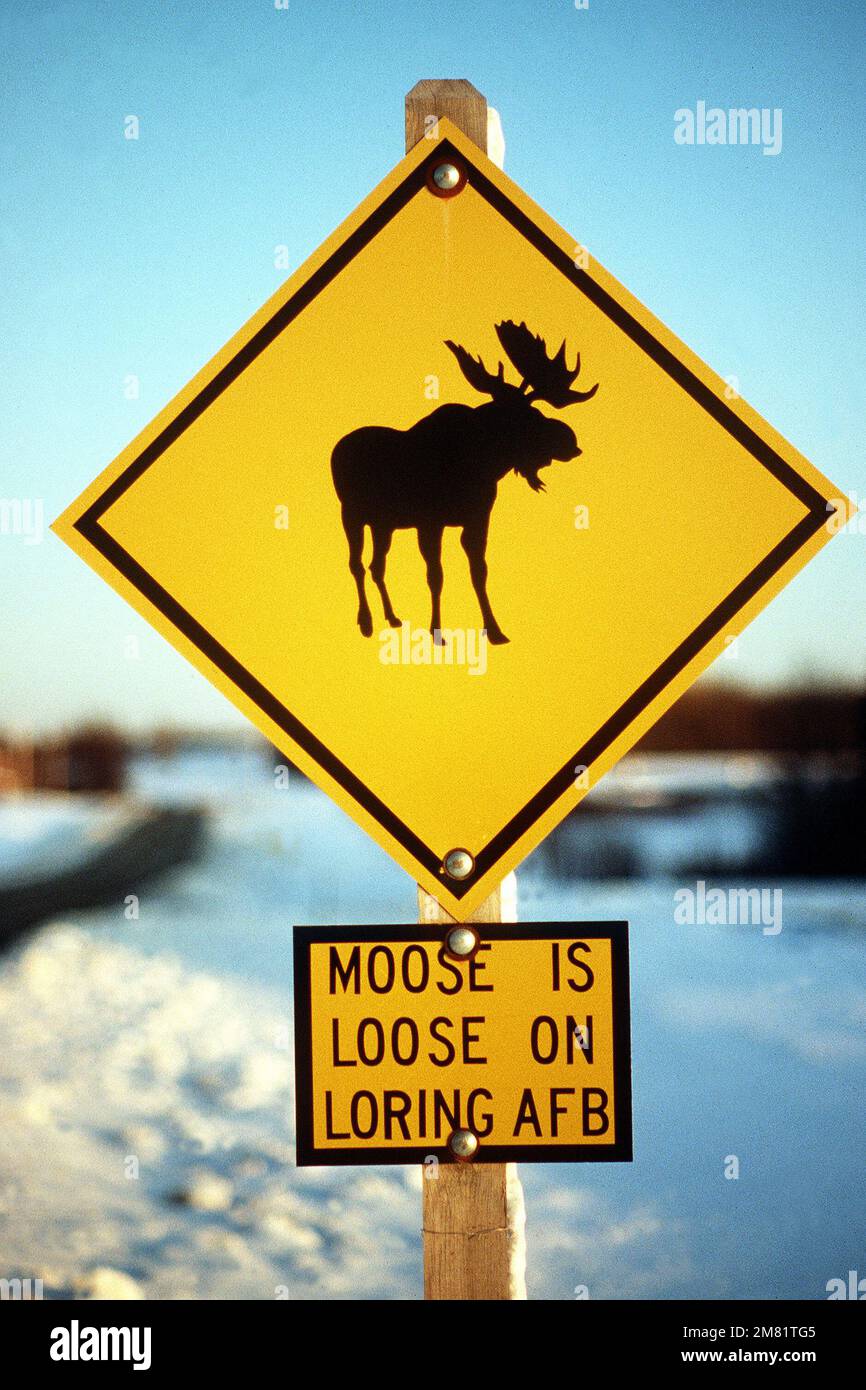 A view of a sign advising motorists to be aware of moose when driving ...