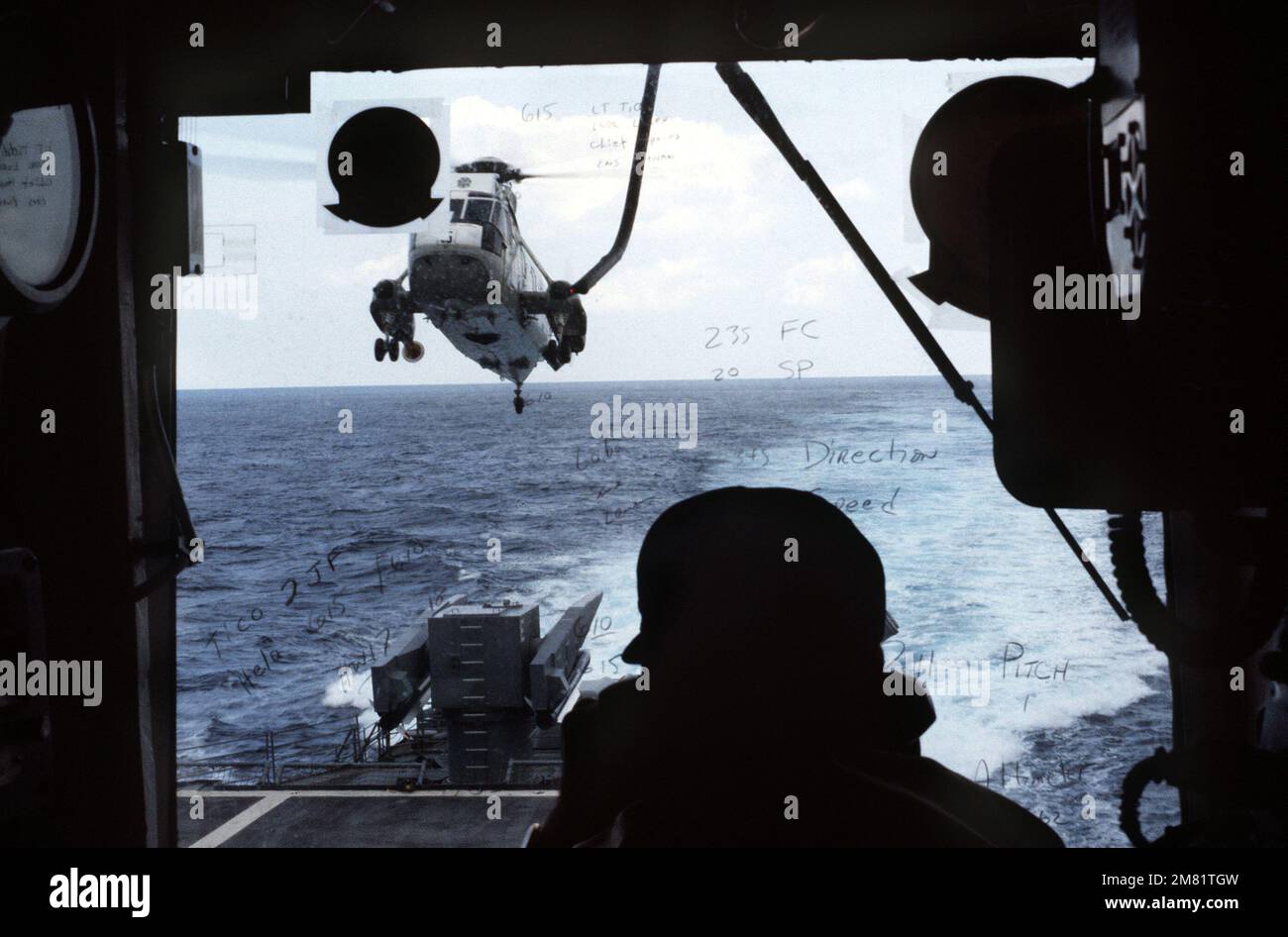 A view from the air boss's perch as an SH-3H Sea King helicopter ...