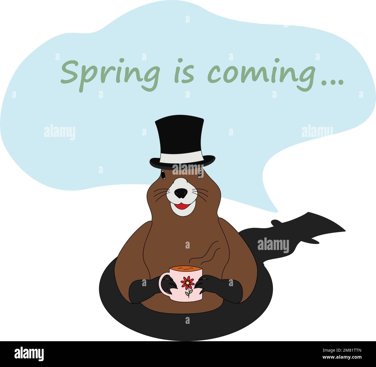 Groundhog in a hat with a cup coming out of his hole and a shadow with ...