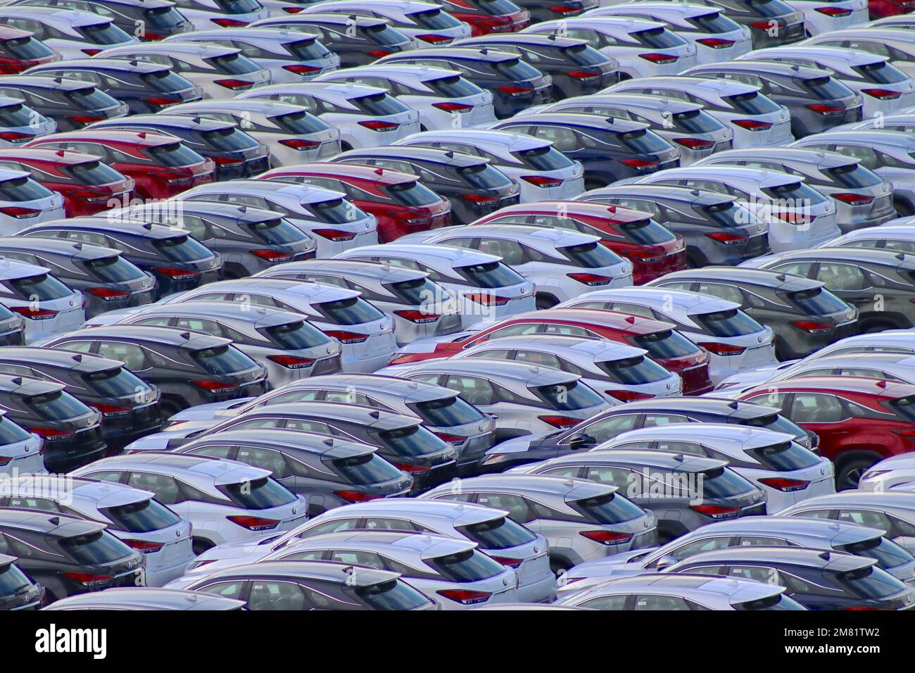 Massed ranks of over 600 Lexus AWD cars stockpiled at Zeebrugge harbour ...