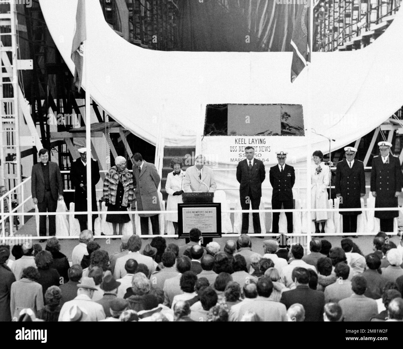Ed Campbell introduces the guests of honor as the keel laying ceremony ...