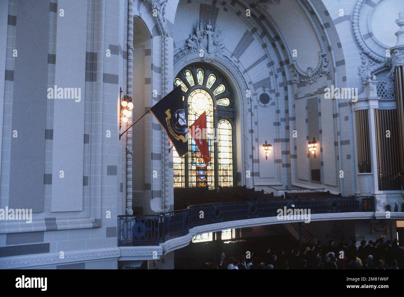 A view of a balcony and its stained glass window at the United States ...