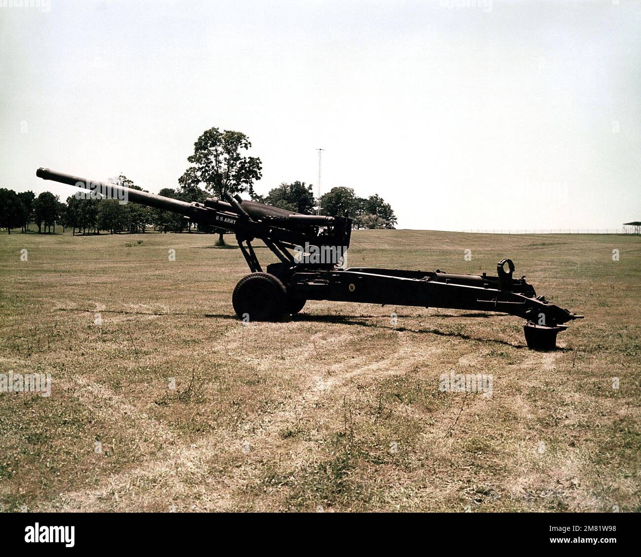 A right front view of an M-109A2/A3 155 mm self-propelled howitzer ...