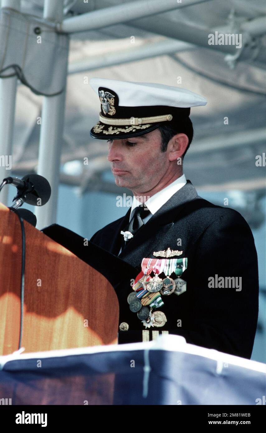 Commander James F. Amerault, commanding officer of the Oliver Hazard ...