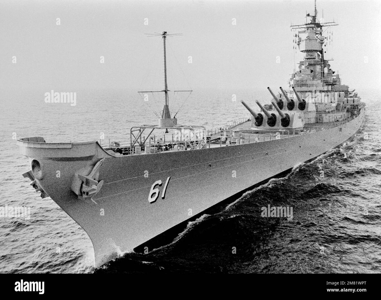 A port bow view of the battleship USS IOWA (BB 61) underway during sea trials. Country: Gulf Of ...