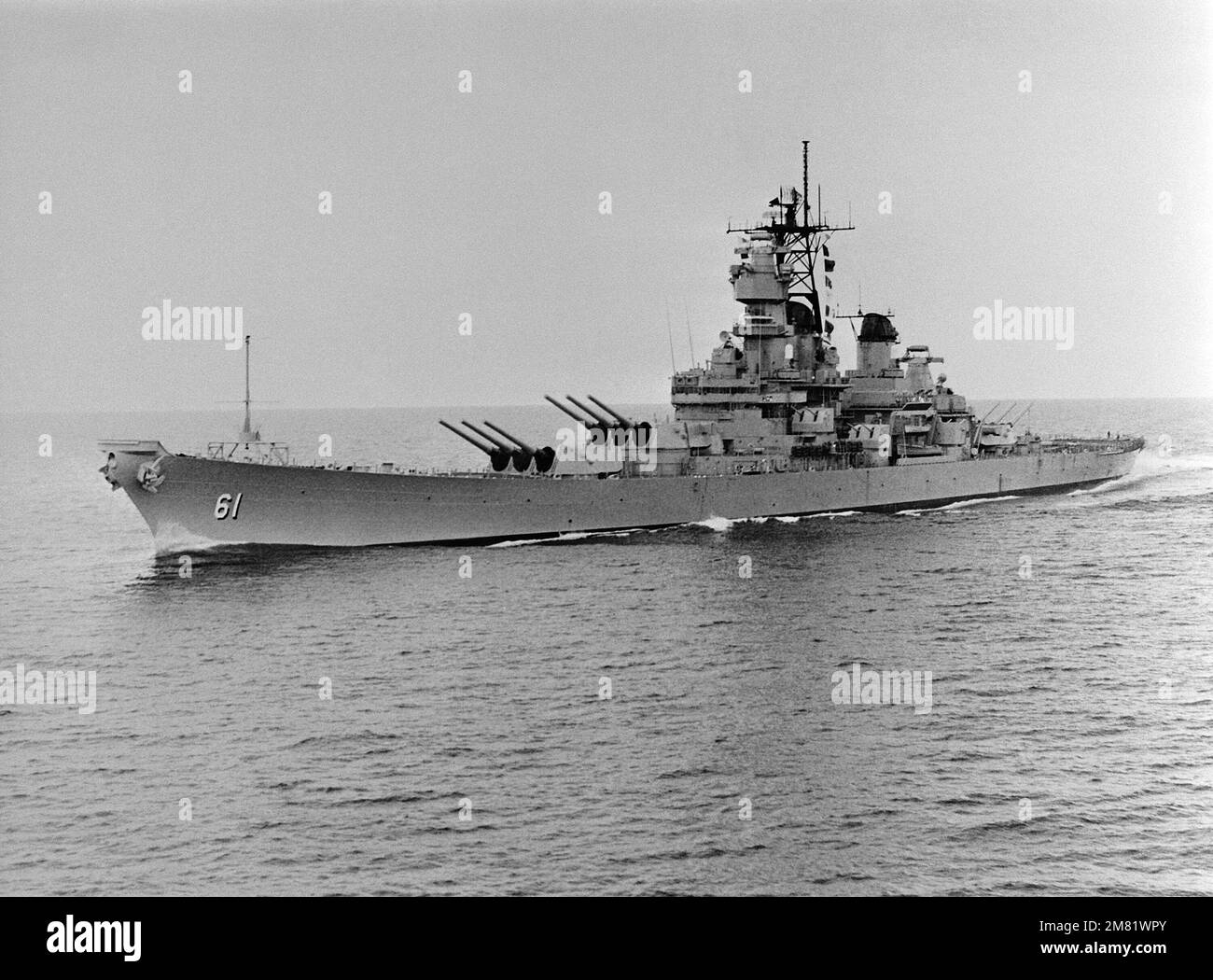 A port bow view of the battleship USS IOWA (BB 61) underway during sea trials. Country: Gulf Of ...