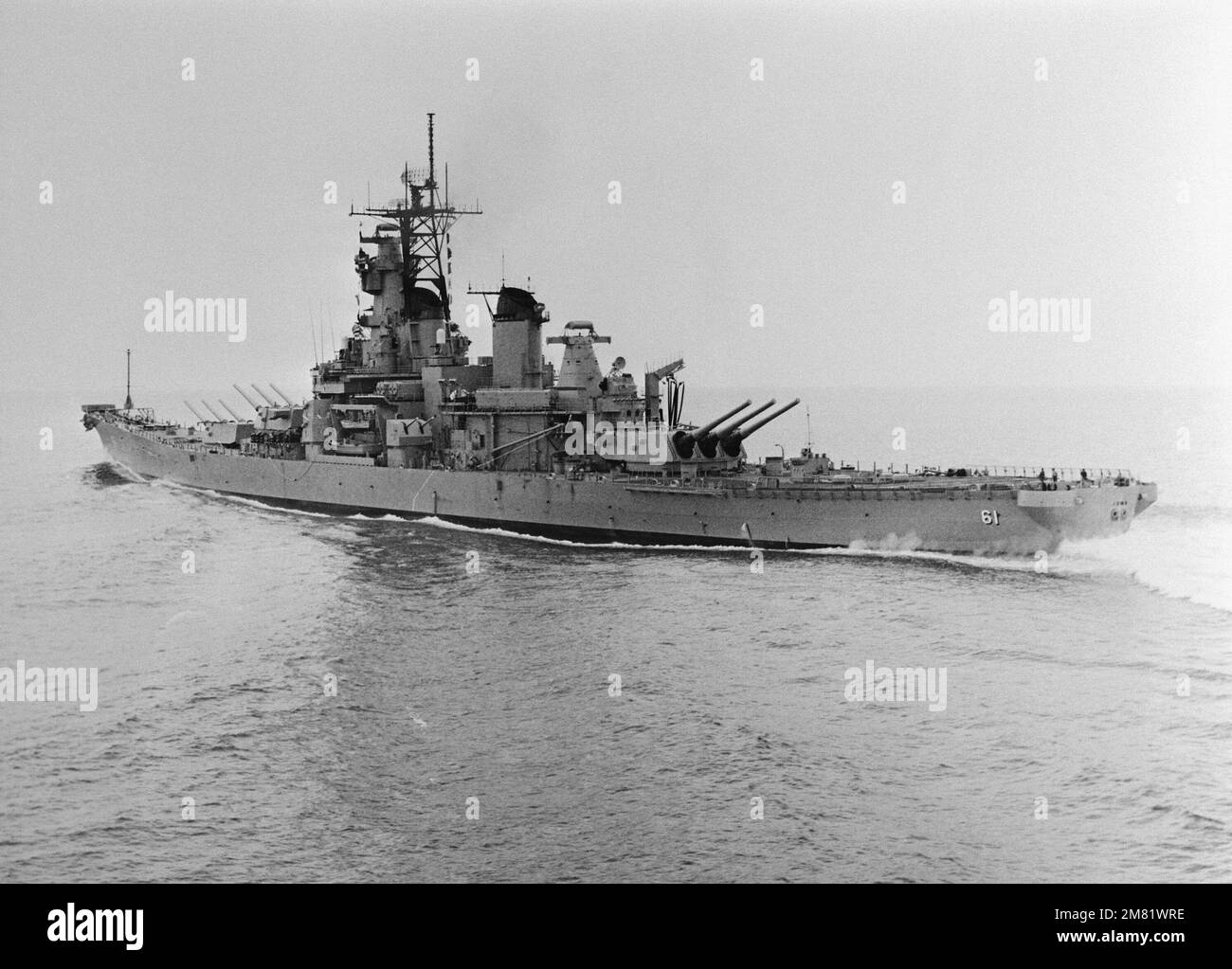 A port quarter view of the battleship USS IOWA (BB 61) underway during sea trials. Country: Gulf ...