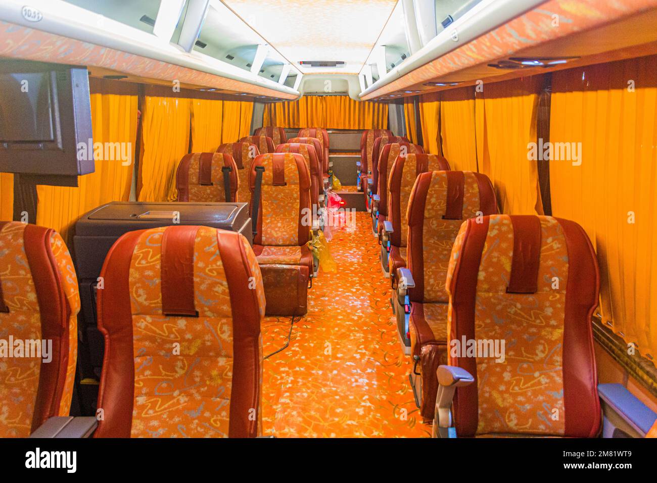 SHIRAZ, IRAN - JULY 8, 2019: Interior of long distance bus in Iran ...