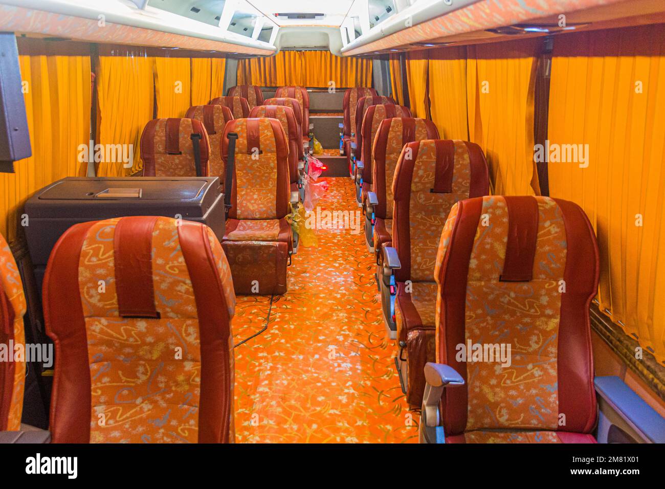 SHIRAZ, IRAN - JULY 8, 2019: Interior of long distance bus in Iran ...