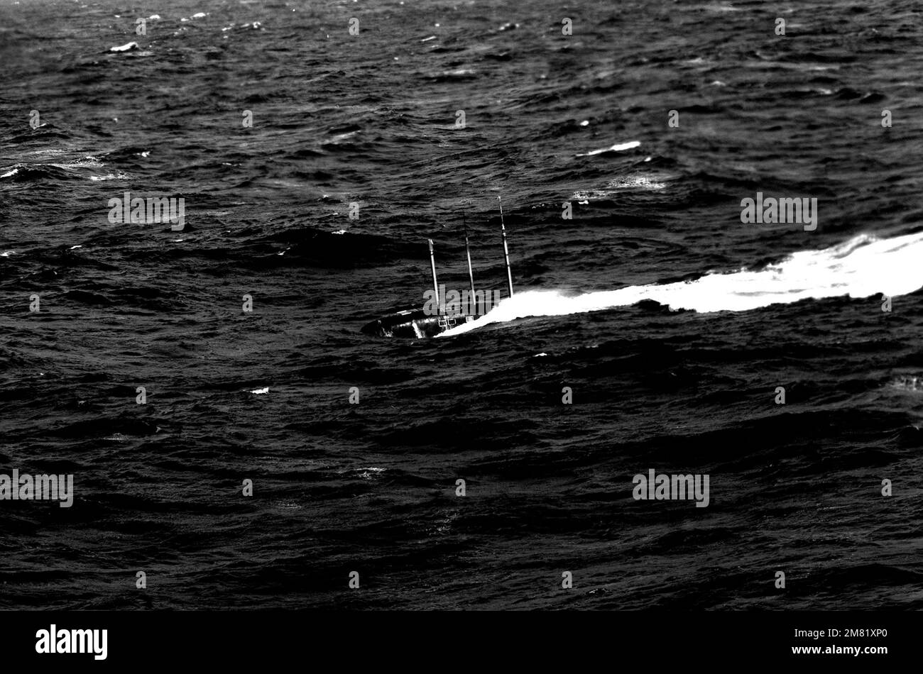 An aerial port side view of a Soviet "Victor I" class submarine ...